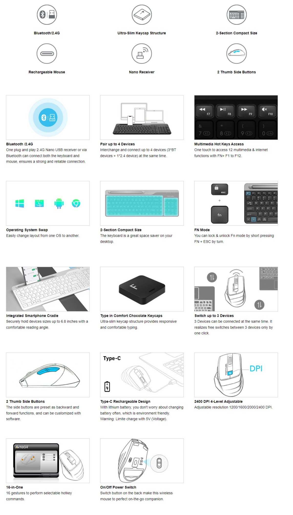 A4tech Fstyler Fb2535c Multi Mode Wireless Keyboard And Mouse Combo Bangla Layout Bluetooth 2