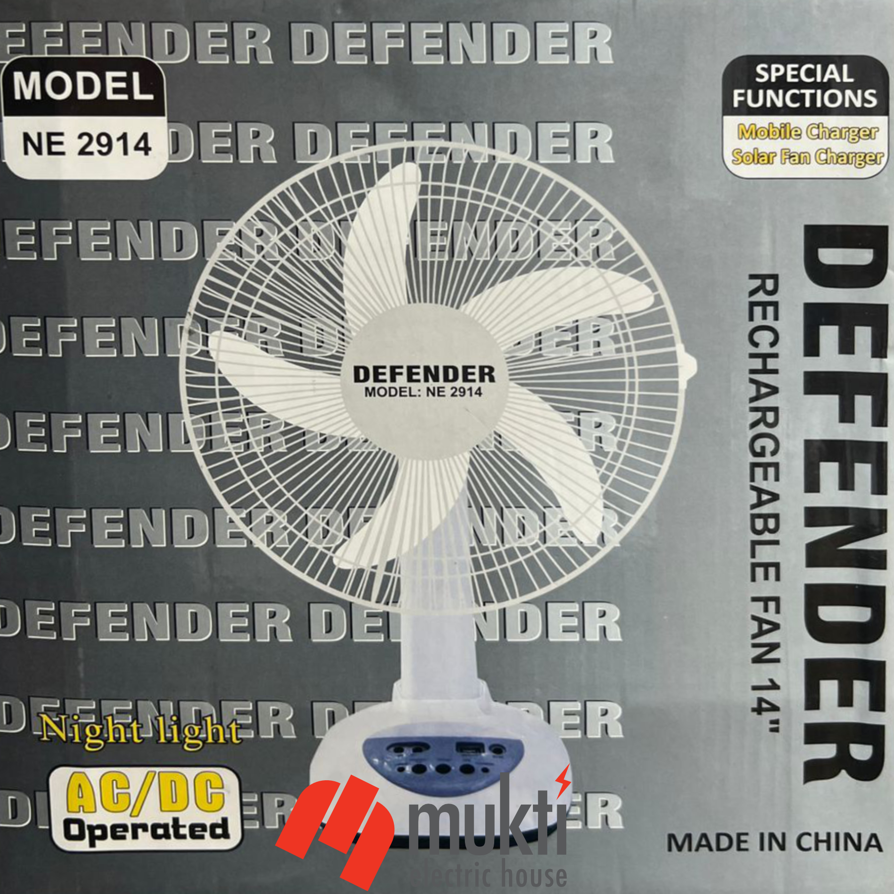 Defender 14 Inch NE-2914 Rechargeable Fan 6V 4.5AH Night Light Desktop ...