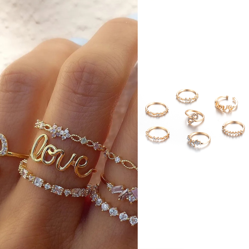 7 Pcs Elegant Golden Heart Love Set Rings Luxury Zircon Crystal Metal ...