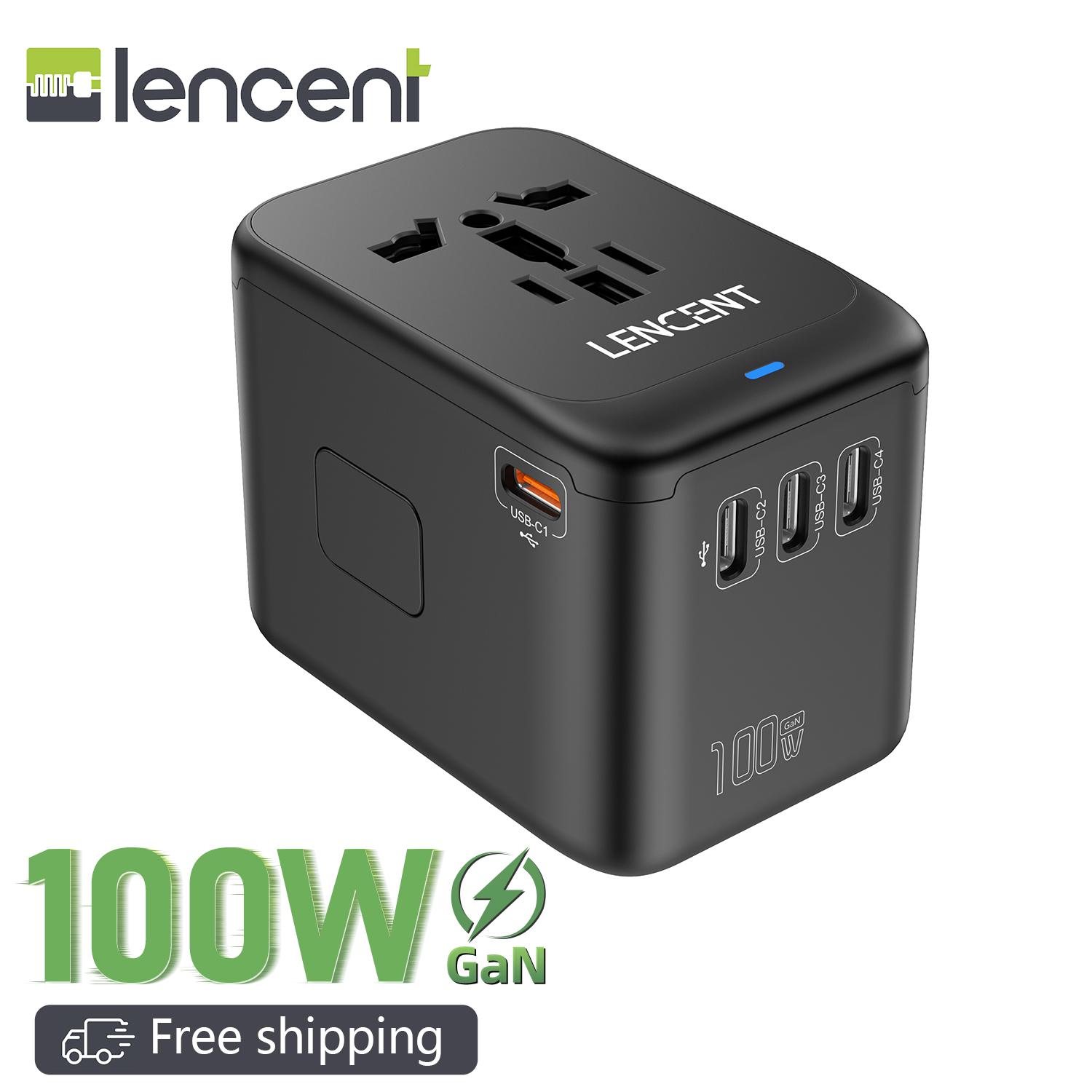 LENCENT 100W International Travel Adapter, GaN Universal Travel Adapter with 1 USB-A & 4 Type C ...