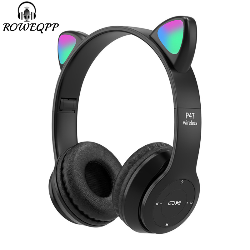 ROWEQPP P47m Cute Cat Ears Luminous Head-mounted Headphones Wireless ...
