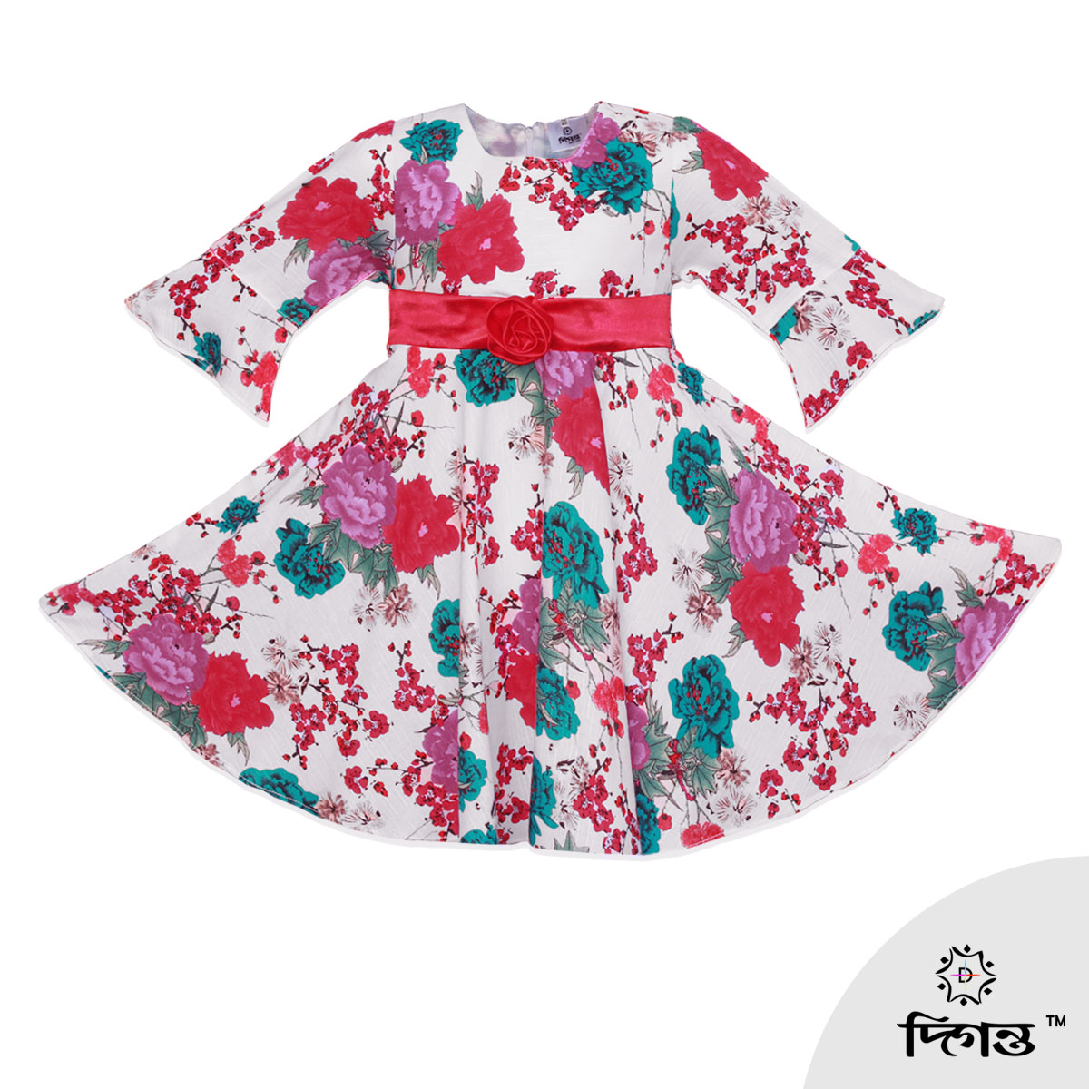 White Big Flower Print Linen (In Side Cotton) Frock for Girls | Daraz ...