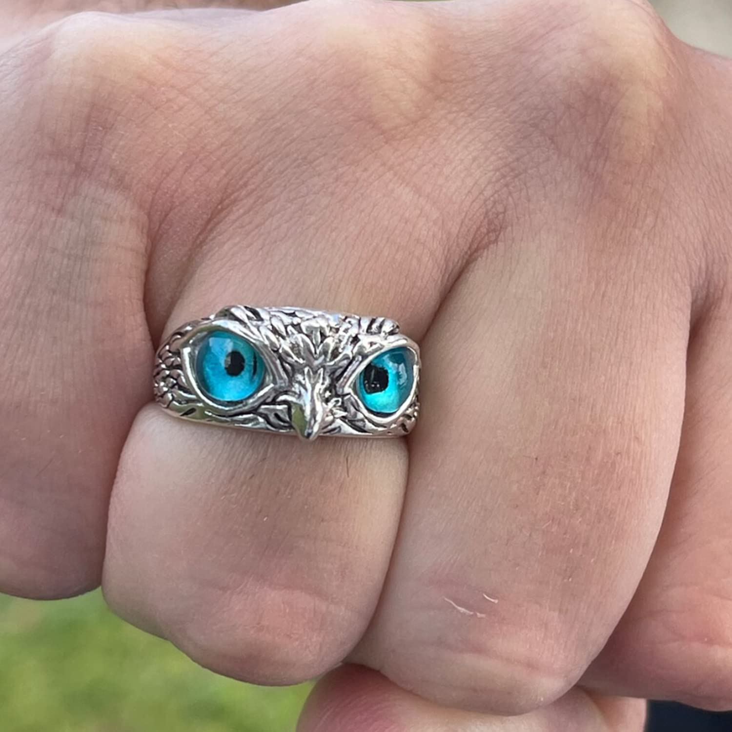Blue Demon Eyes Owl/Ullu Bird Face Design Thumb Finger Ring Stainless ...