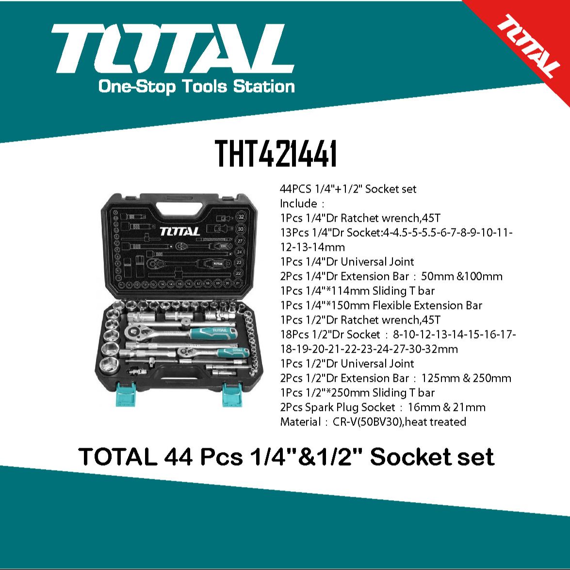TOTAL 44 Pcs 1/4"&1/2" socket set THT421441 | Daraz.com.bd