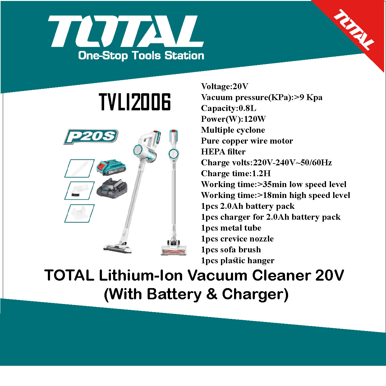 TOTAL Lithium-Ion Vacuum Cleaner 20V (With Battery & Charger) TVLI2006 ...