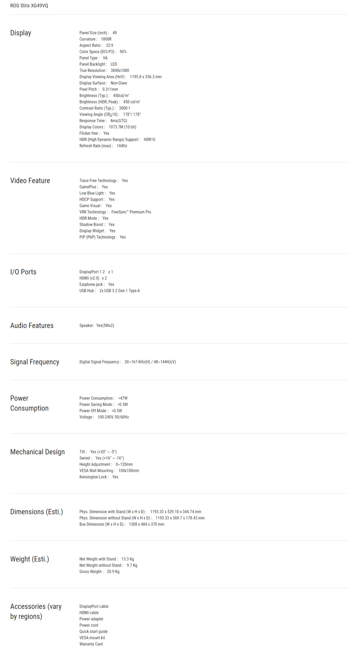 ASUS ROG Strix XG49VQ Super Ultra-Wide HDR Gaming Monitor - 49-inch 32: ...