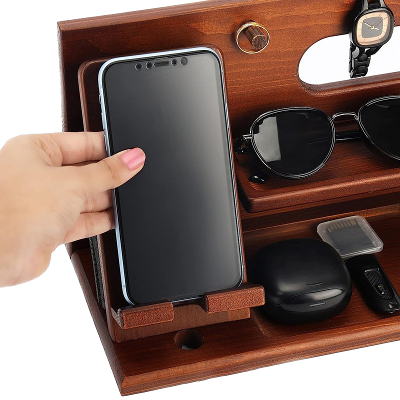Wooden Bedside Wood Phone Docking Station Holder Wallet Watch Stander ...