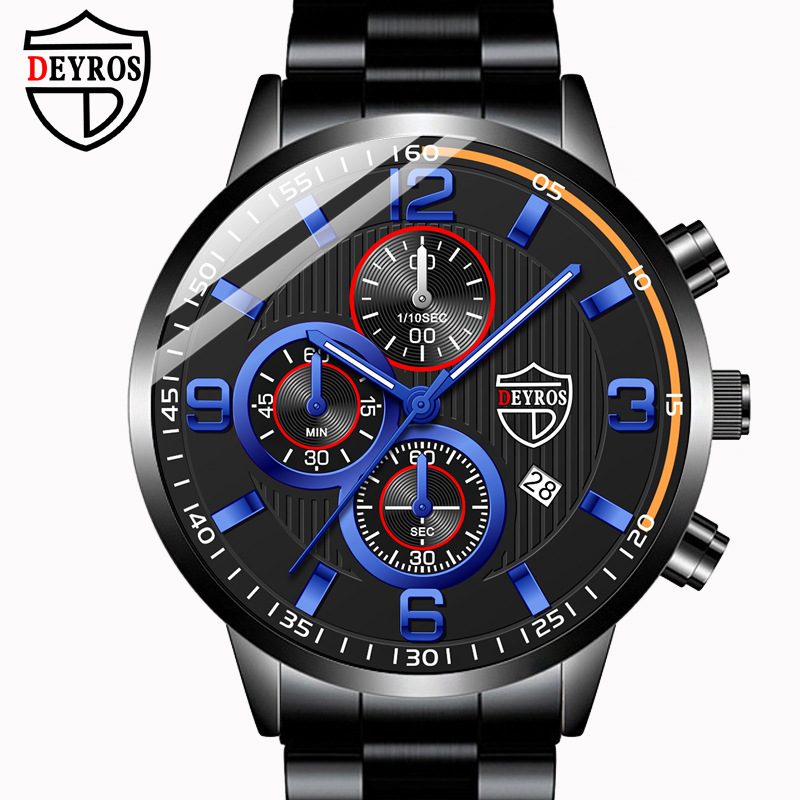 DEYROS watch fashion stainless steel band calendar watch men's cross ...