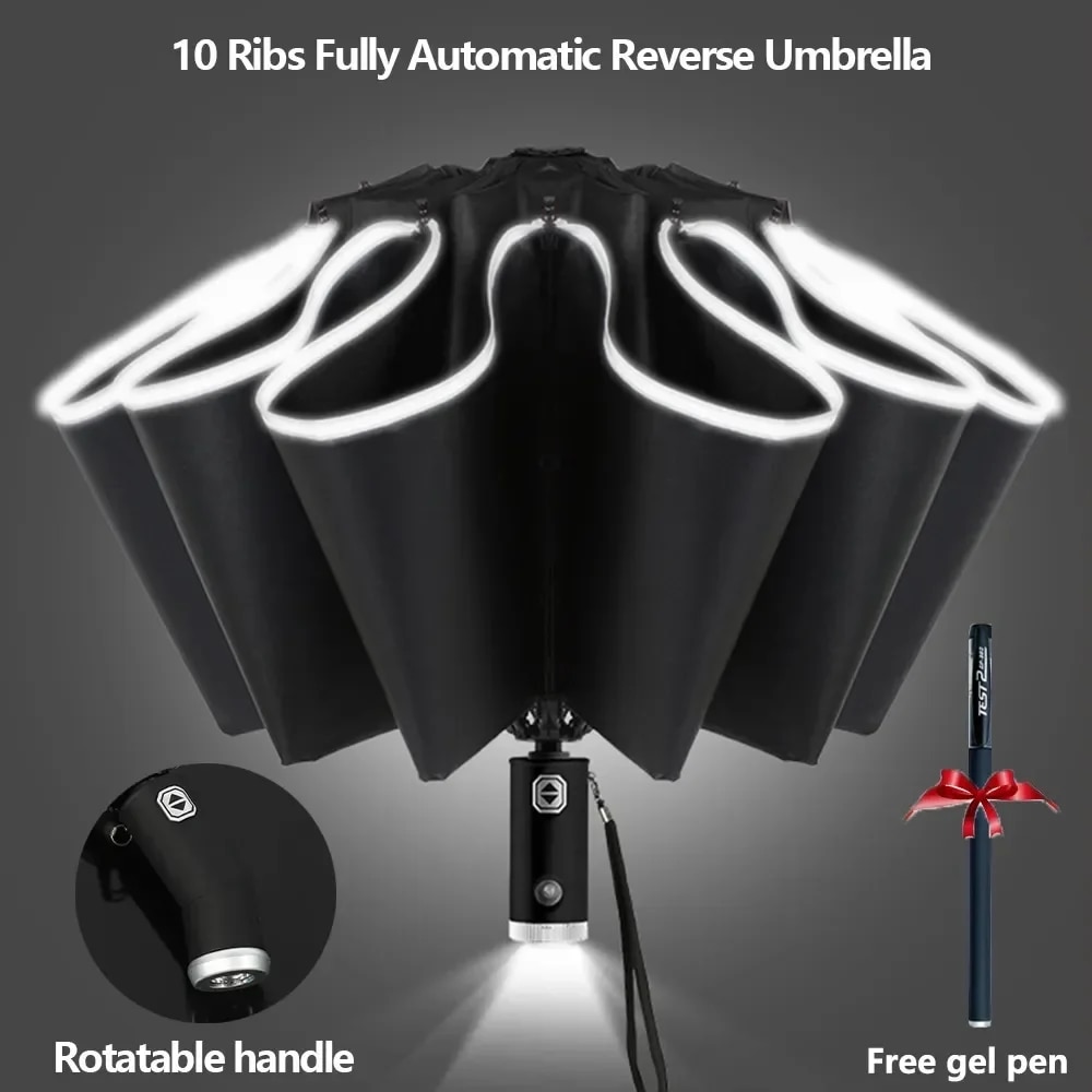 Fully Automatic Reverse Folding Umbrella With LED Flashlight 10Ribs ...
