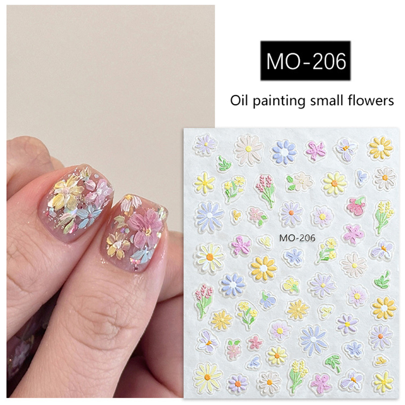 Spring Oil Painting Flower Nail Stickers 5D Relief Nail Art Stickers ...