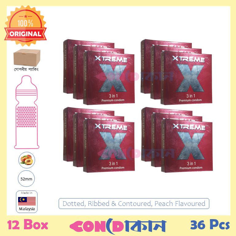 Xtreme 3 in 1 ( Dotted, Ribbed & Contured) Peach Flavoured Premium Condom 12 Box (36 Pcs ...