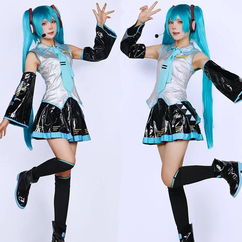Miku Cosplay Full Set Silver Leather Fabric Suit Miku Cosplay Headwear ...