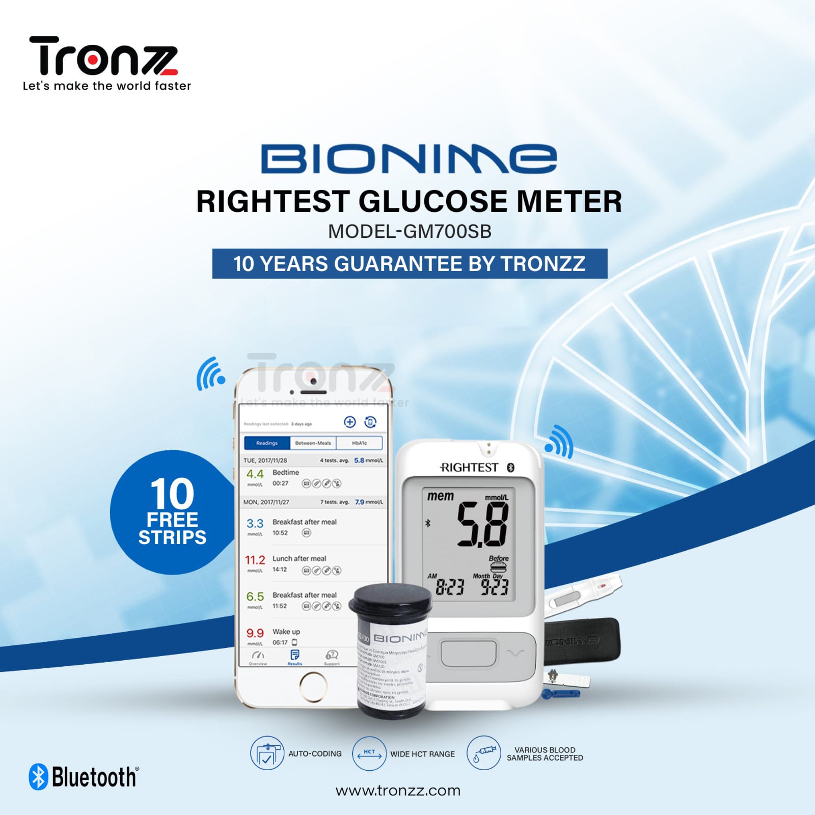 BIONIME Rightest Bluetooth GM 700SB Smart Glucometer Monitor With 10 ...