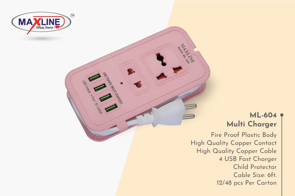 4USB Multi Plug Maxline ML-604 Multiplug 2 Port Extention Socket 6 Feet ...