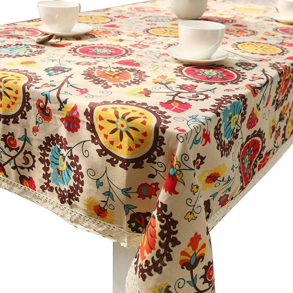 Retro Sunflower Pattern Lace Cotton Linen Fabric Tablecloth Table Cover ...