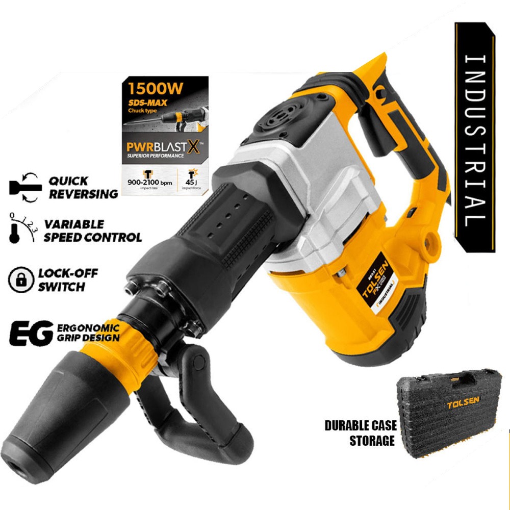 TOLSEN 1500W Demolition Hammer w/ Hard Case, SDS-MAX chuck system, 5 ...