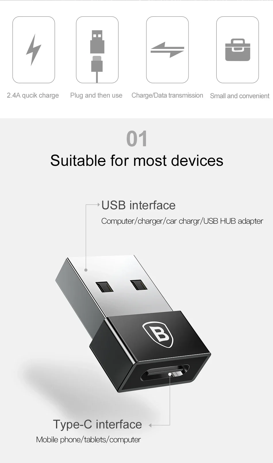 Baseus USB Male to Type-C Female Adapter Converter CATJQ-A01