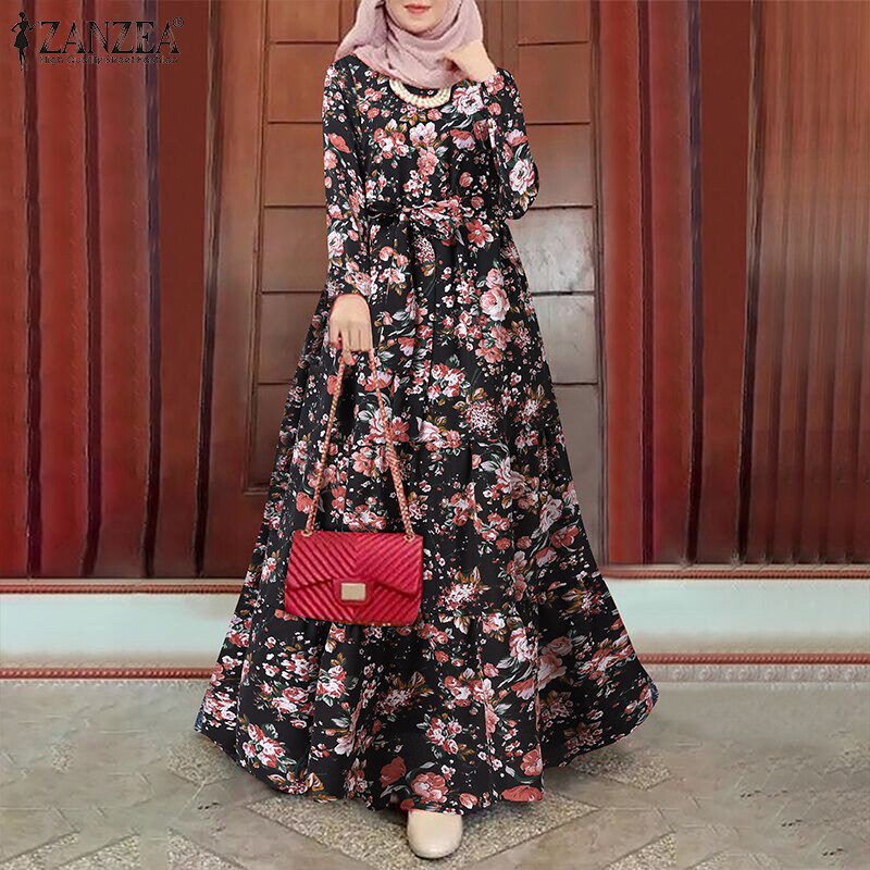 ZANZEA Muslimah Women Muslim Long Sleeve Belted Layered Floral A-Line ...
