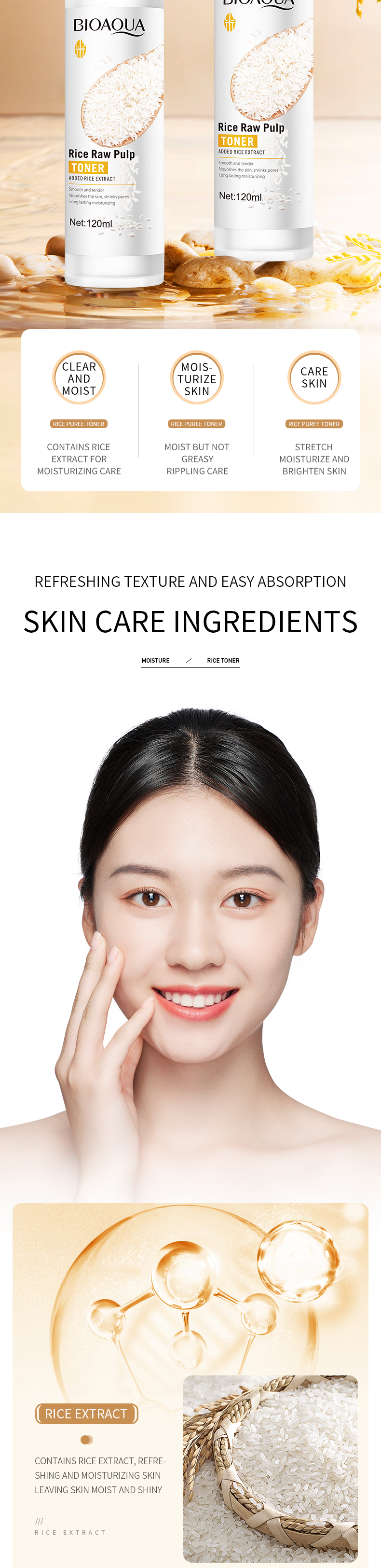 BIOAQUA Smooth Skin Moisturizing Rice Raw Pulp Face Toner - 120mL