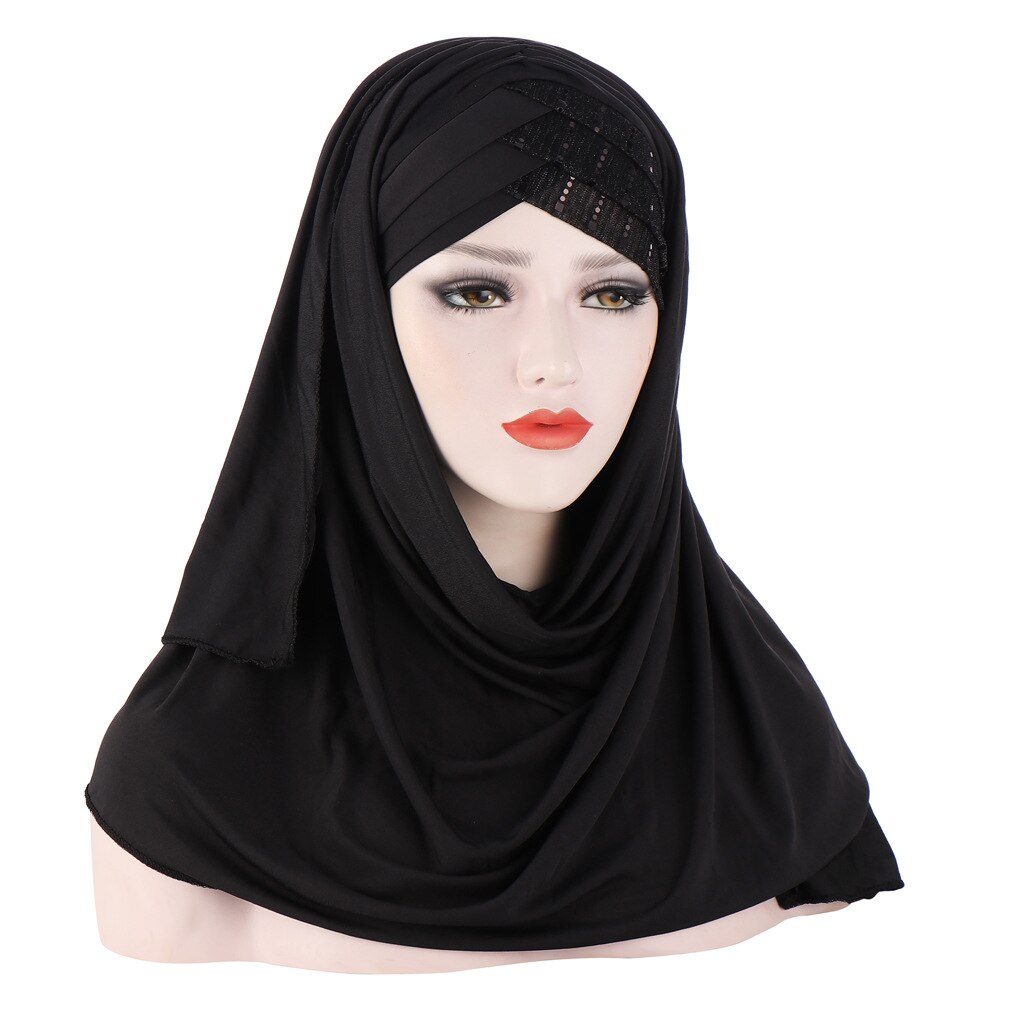 2021 New Sequins Glitter Forehead Cross Muslim Hijab Scarf Ready to ...