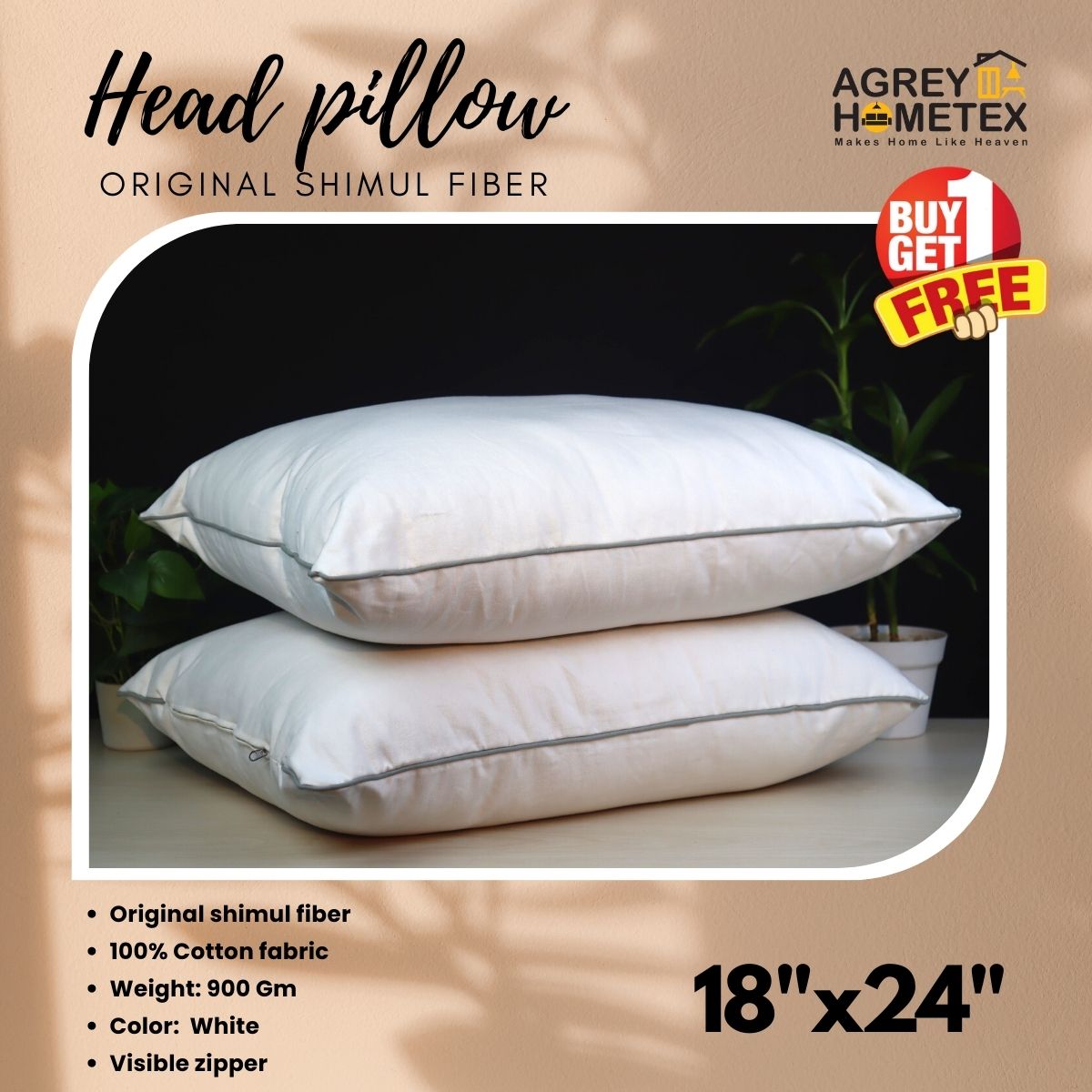 Shimul Fiber Head Pillow Cotton Fabric White (18"x24") 1 Pcs