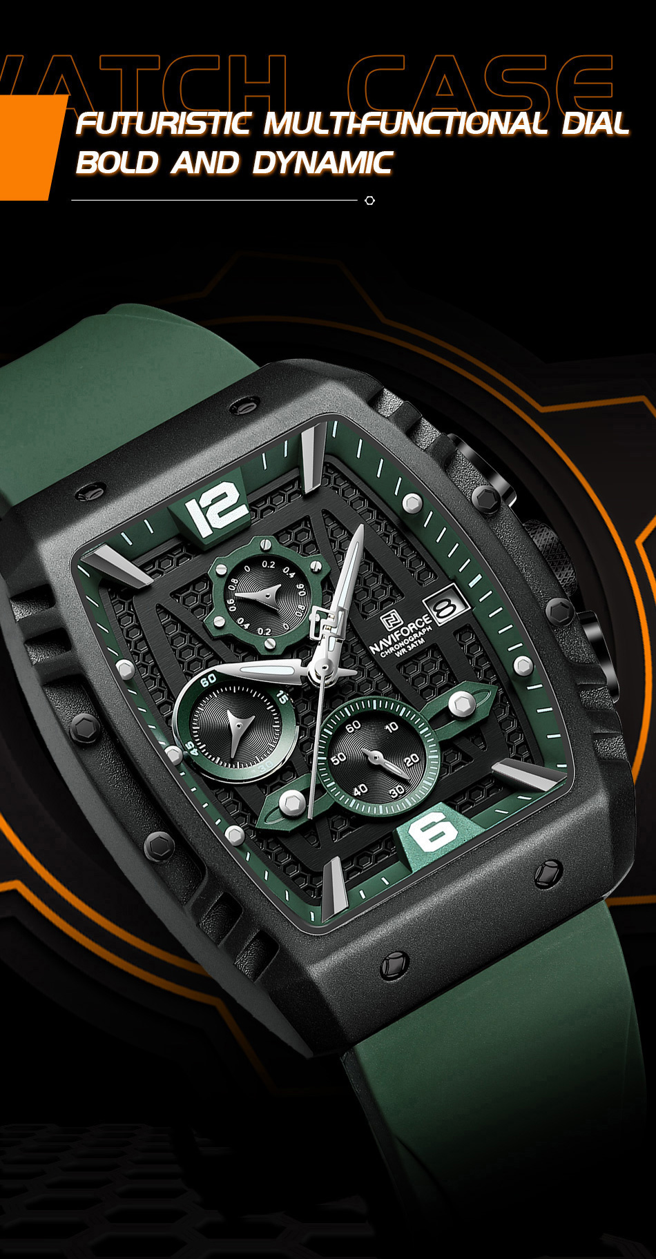 NAVIFORCE 8025 Square Silicone Quartz Wristwatch for Man Chronograph ...