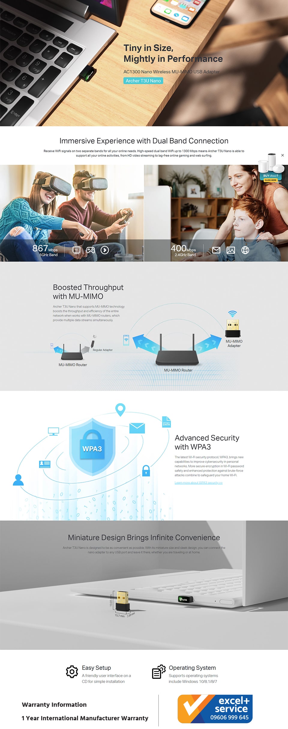 TP-Link Archer T3U Nano AC1300 Nano Wireless MU-MIMO USB Adapter