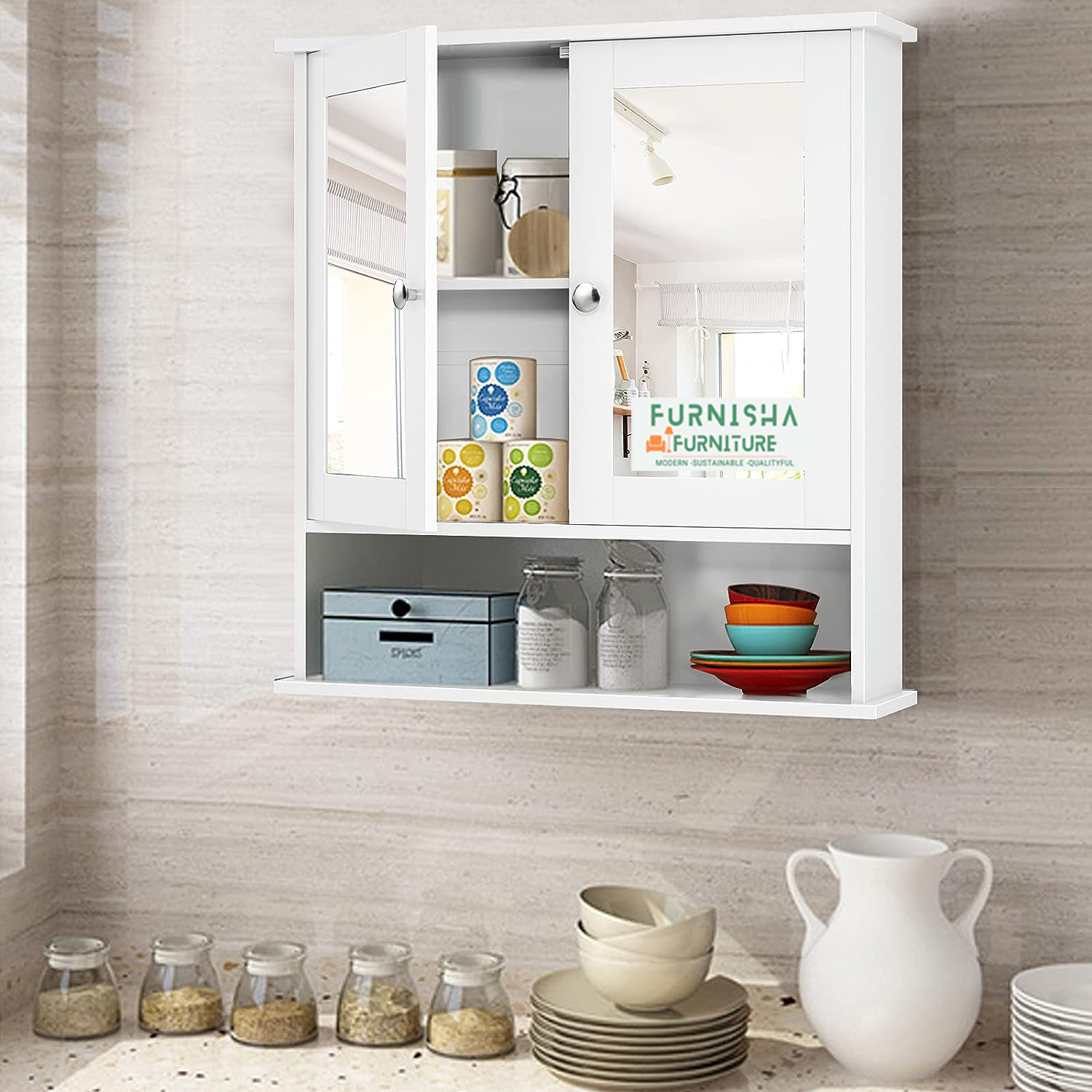 Kitchen Cabinet With 2 Mirror Doors And Adjustable Shelf - Wall Hanging ...