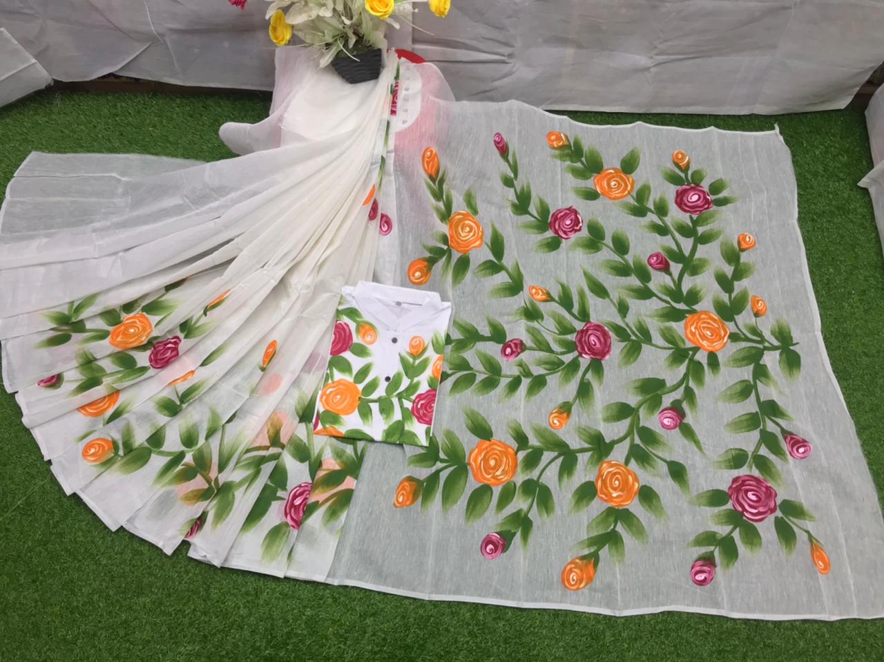 Couple set Half Silk Hand Print Saree and Panjabi Fashionable, Stylish ...