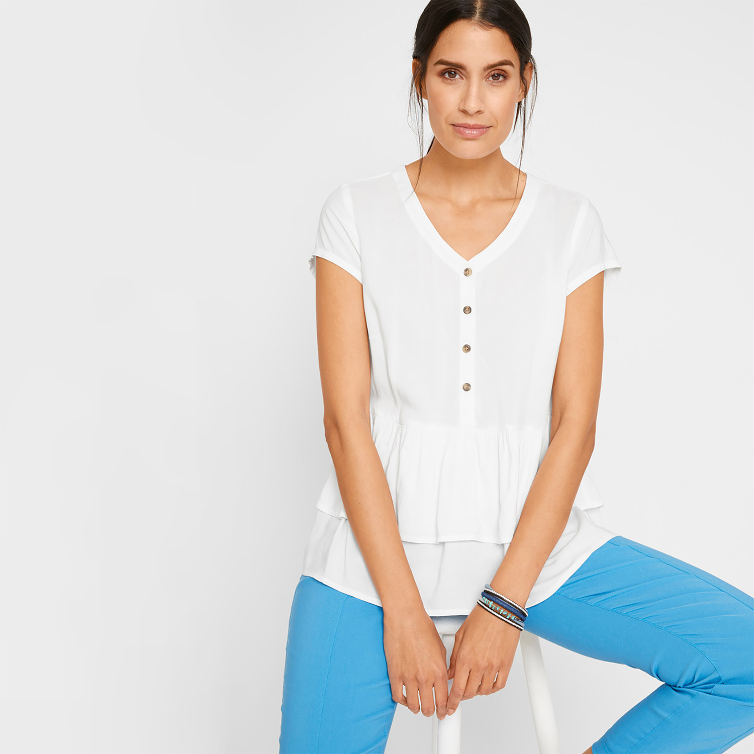 Viscose O-Neck Short Sleeve Ladies Short Top (W/BLK/CT-15) | Daraz.com.bd