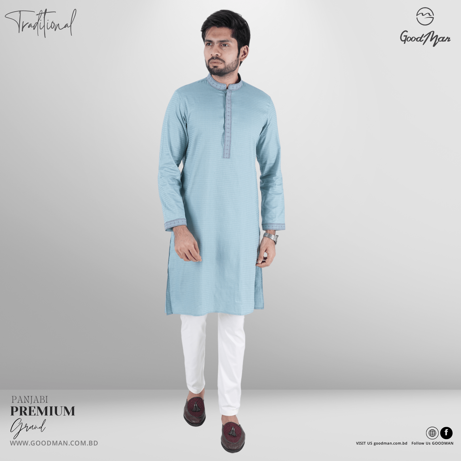 GoodMan Premium Quality Sky Blue Color Semi Long Panjabi for Men.