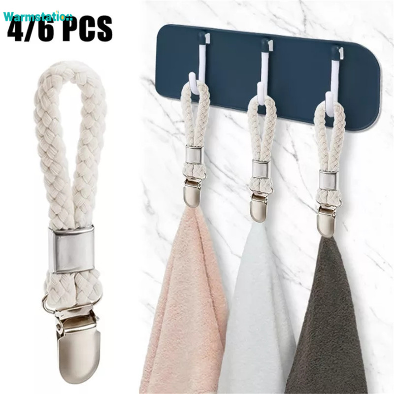 4/6PCS Rustproof Metal Bath Towel Clips Braided Cotton Rope ...