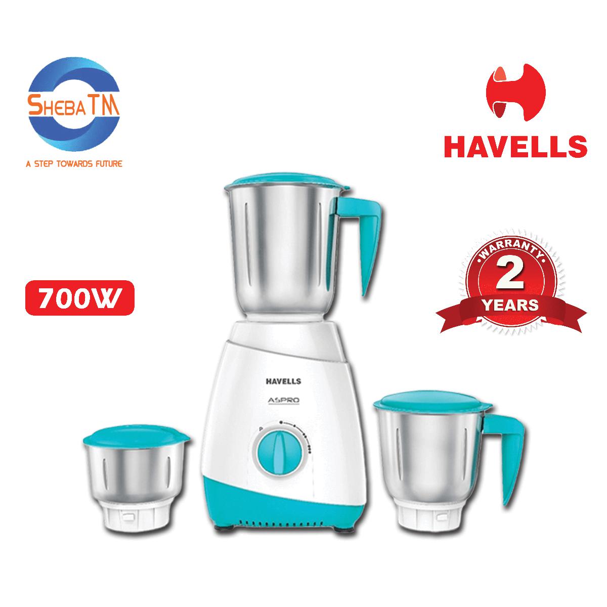 HAVELLS ASPRO 700 W MIXER GRINDER 3SSJar White- Light Blue | Daraz.com.bd