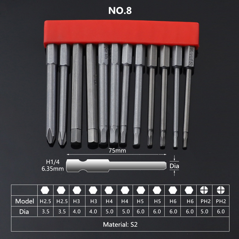 High Precision 12PCS 1/4" Hex 50 75 100mm S2 Alloy Screw Driver Bits ...