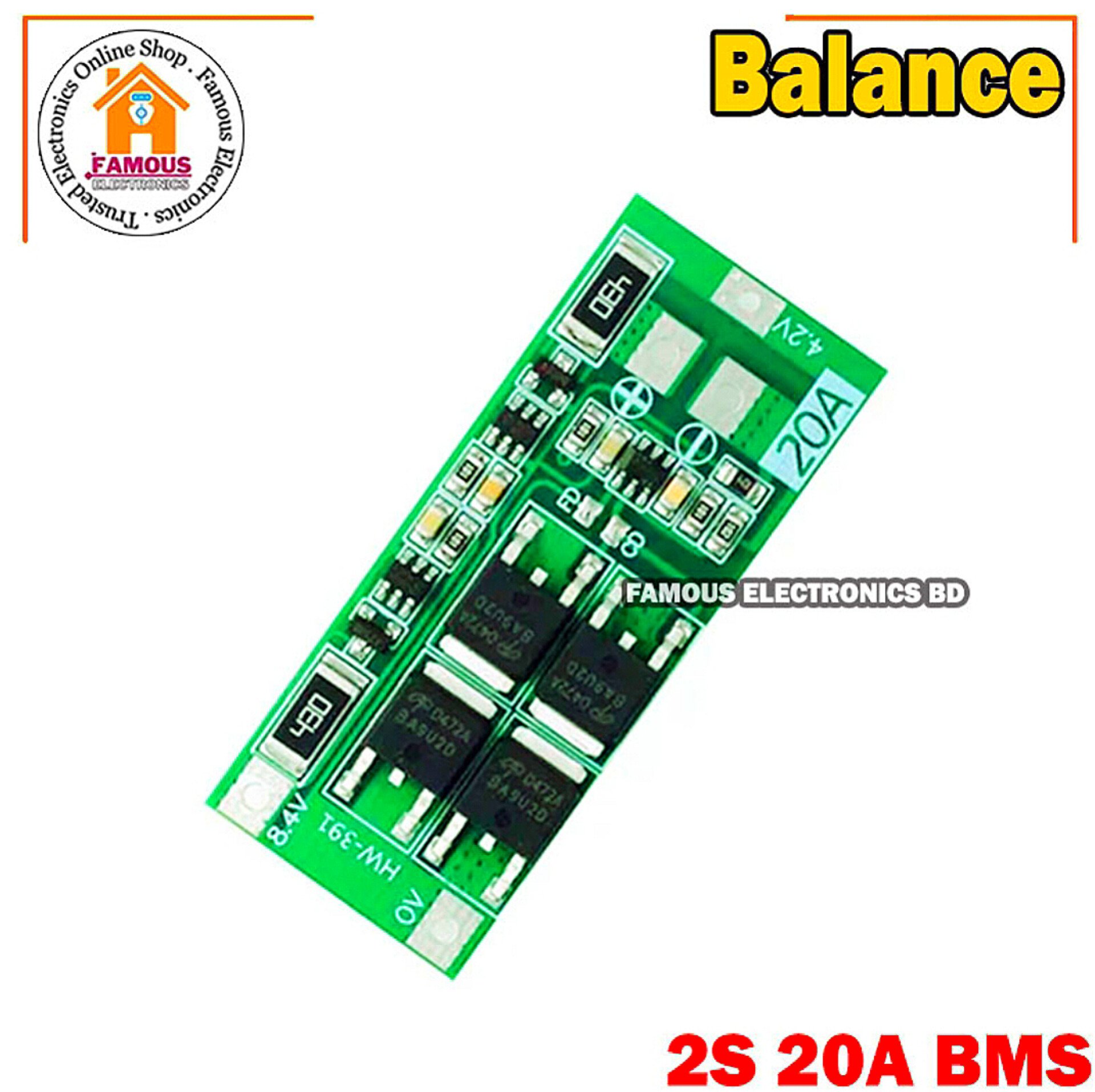 2S BMS 20A Circuit Module 8.4v Li-Ion Battery Protection Board-Balance