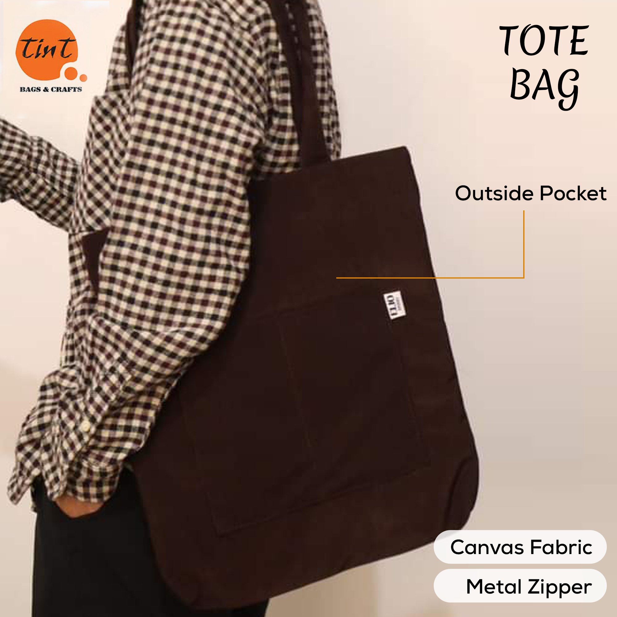 Canvas Tote Bag with Outside Pocket Exclusive Design Deep Brown Color ...
