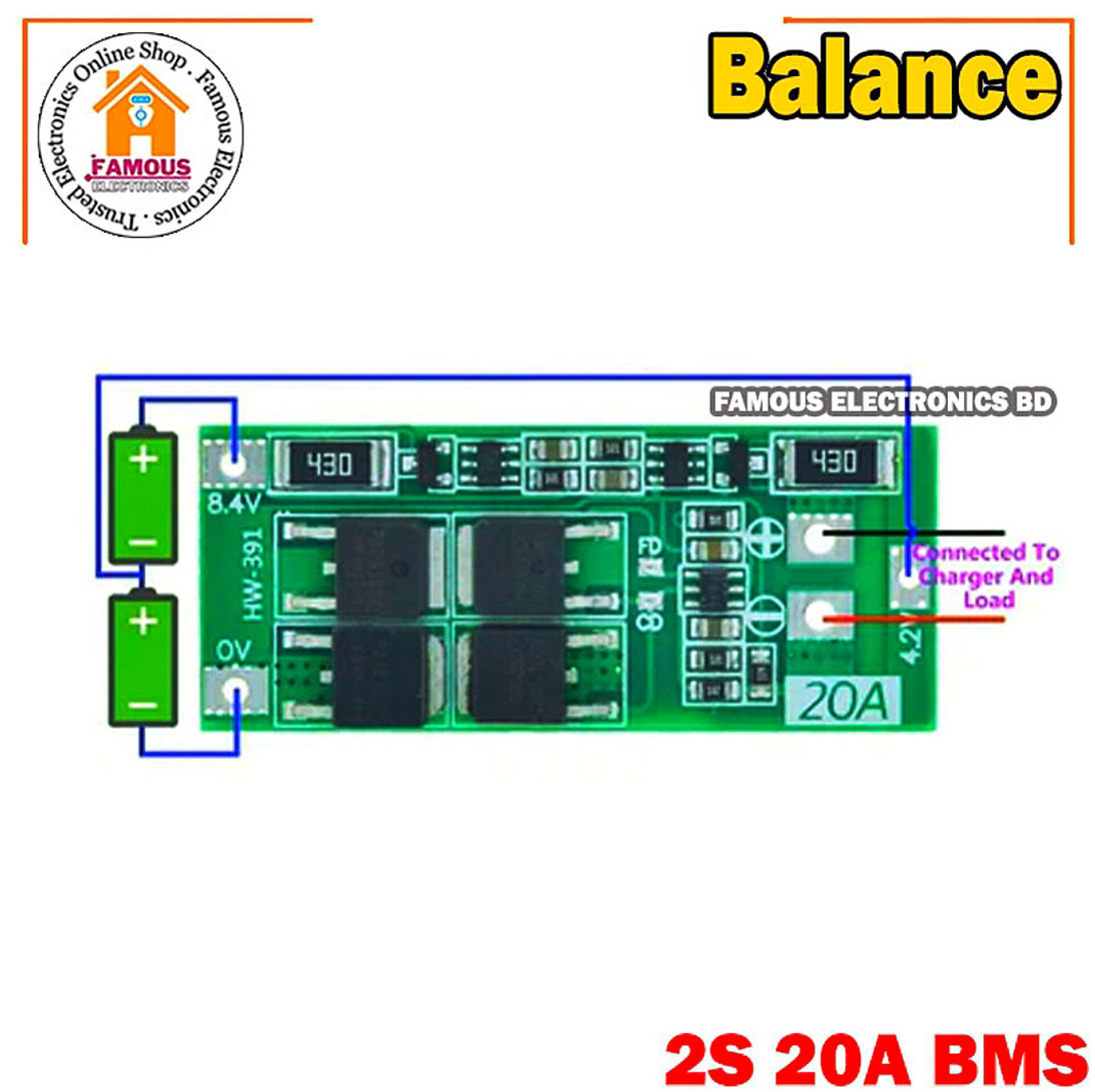 2S BMS 20A Circuit Module 8.4v Li-Ion Battery Protection Board-Balance