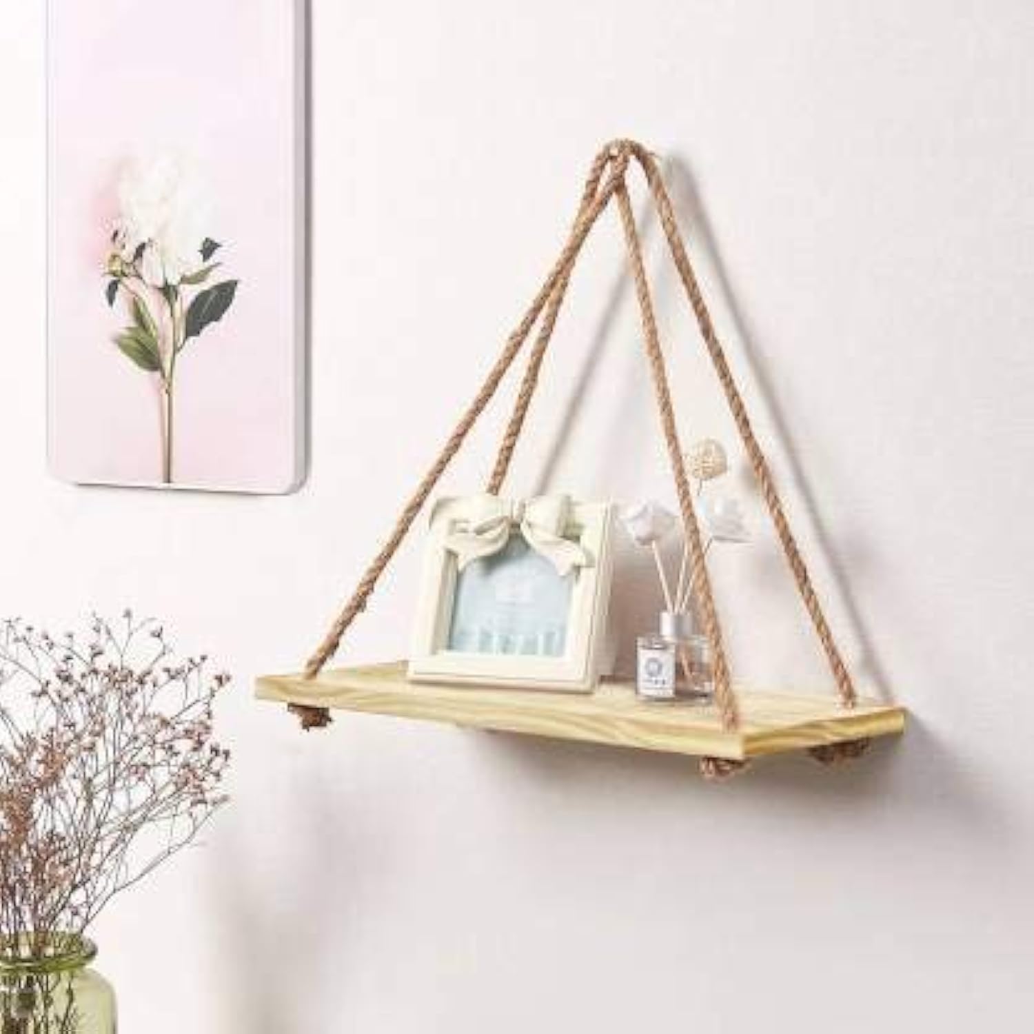 Beige Finish Hanging Shelf with Swing Rope for Home Decor, Wall Decor ...