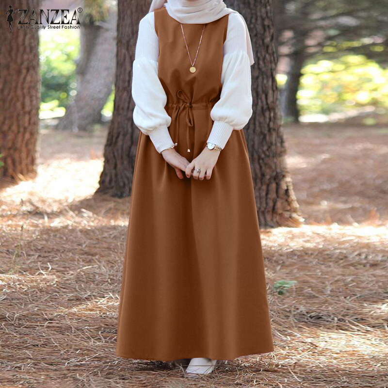 ZANZEA Muslimah Women Muslim Solid Sleeveless Dress Casual Drawstring ...