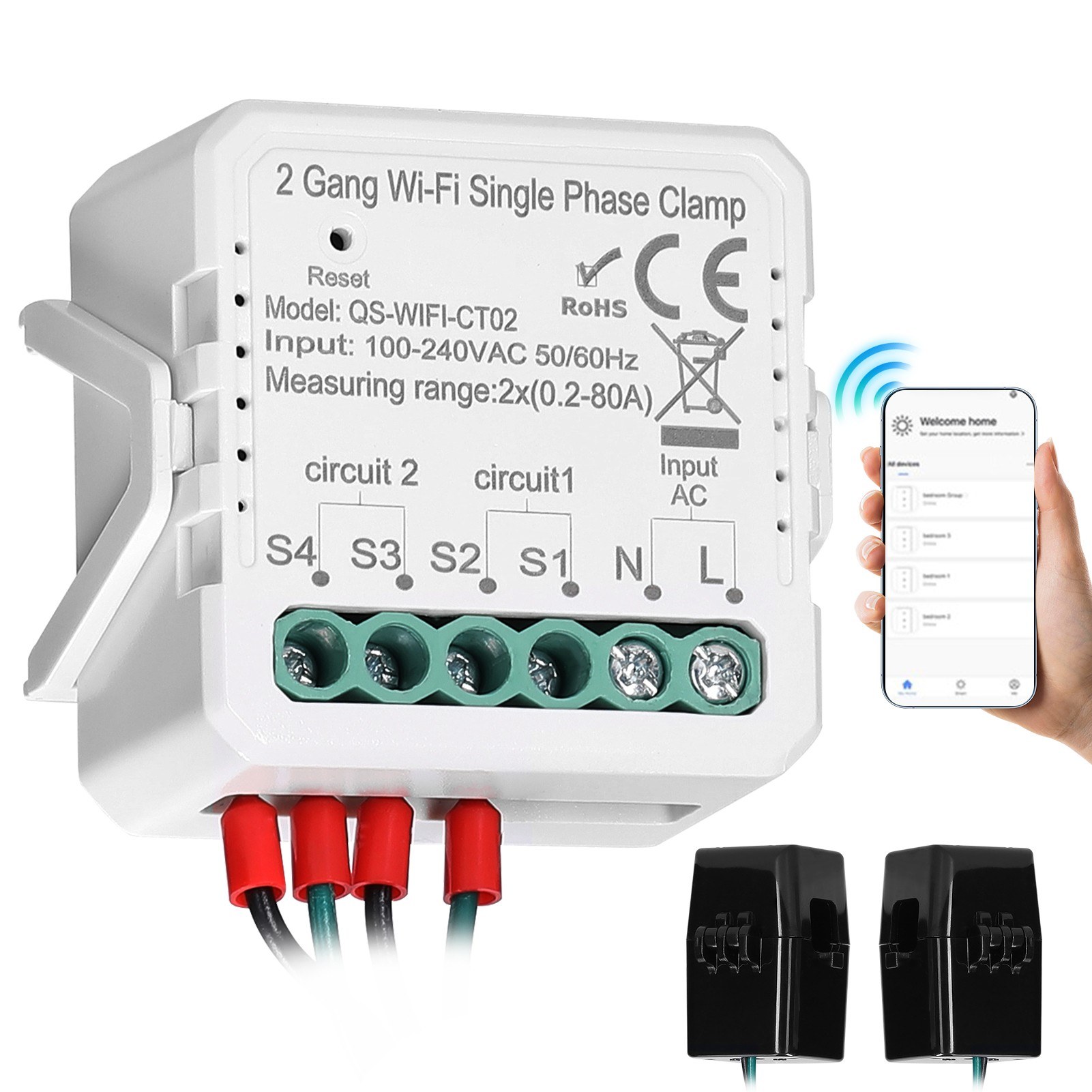 Tuya WiFi 2 Gang 80A Single Phase Clamp Solar PV Bidirectional Two Way ...