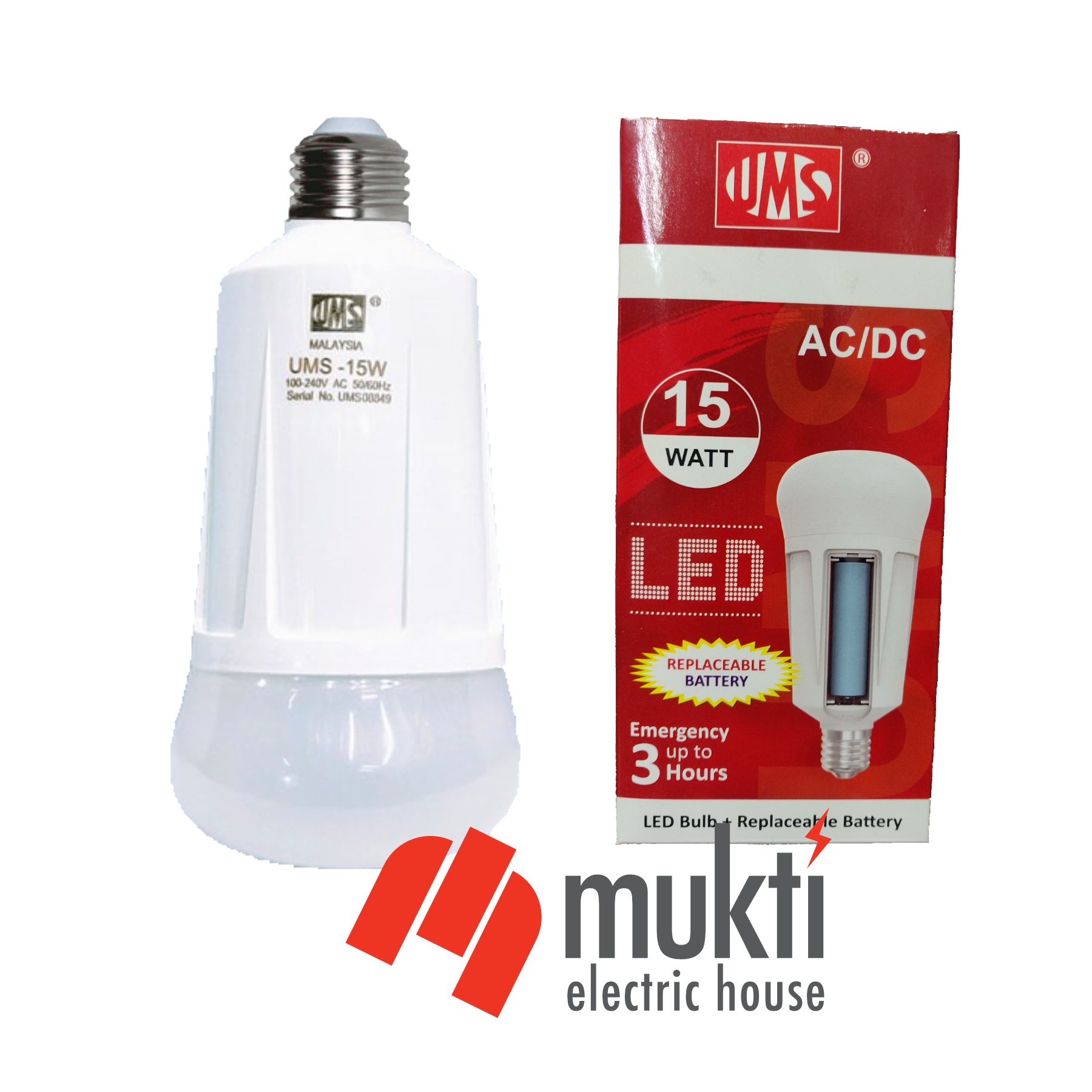 UMS Malaysia 15 Watt ACDC Backup LED Bulb White Daylight Lamp Emergency ...