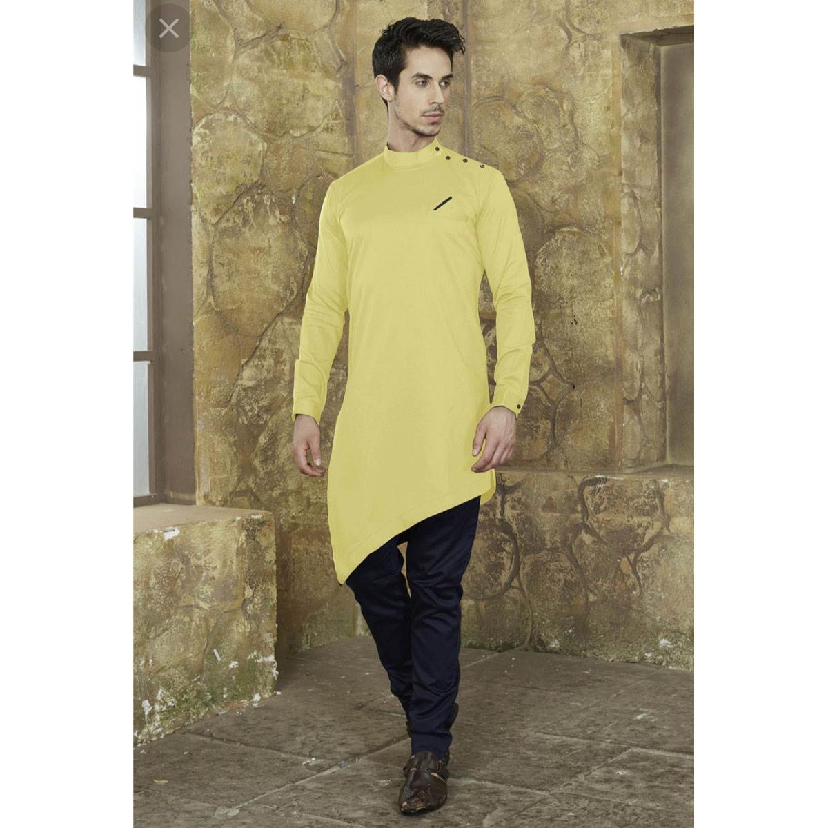 yellow colour indian model stylish semi long panjabi for men | Daraz.com.bd