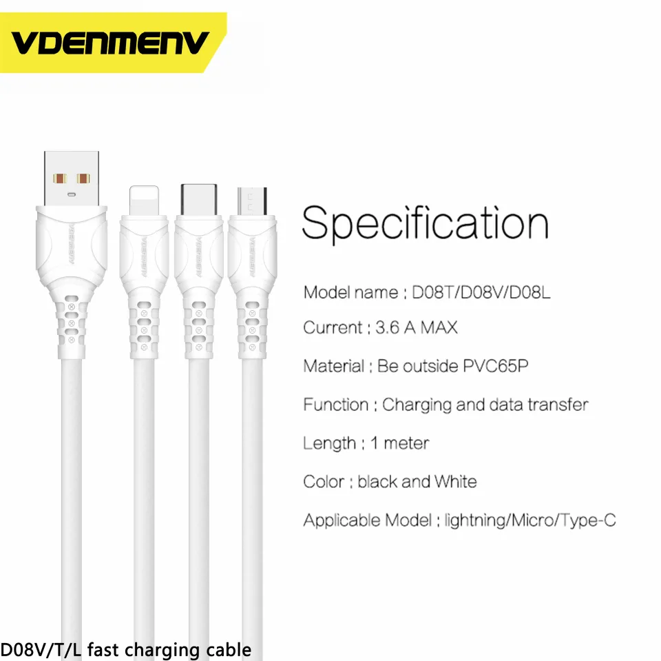 VDENMENV D08V 3.6A Data Cable 1Meter Micro