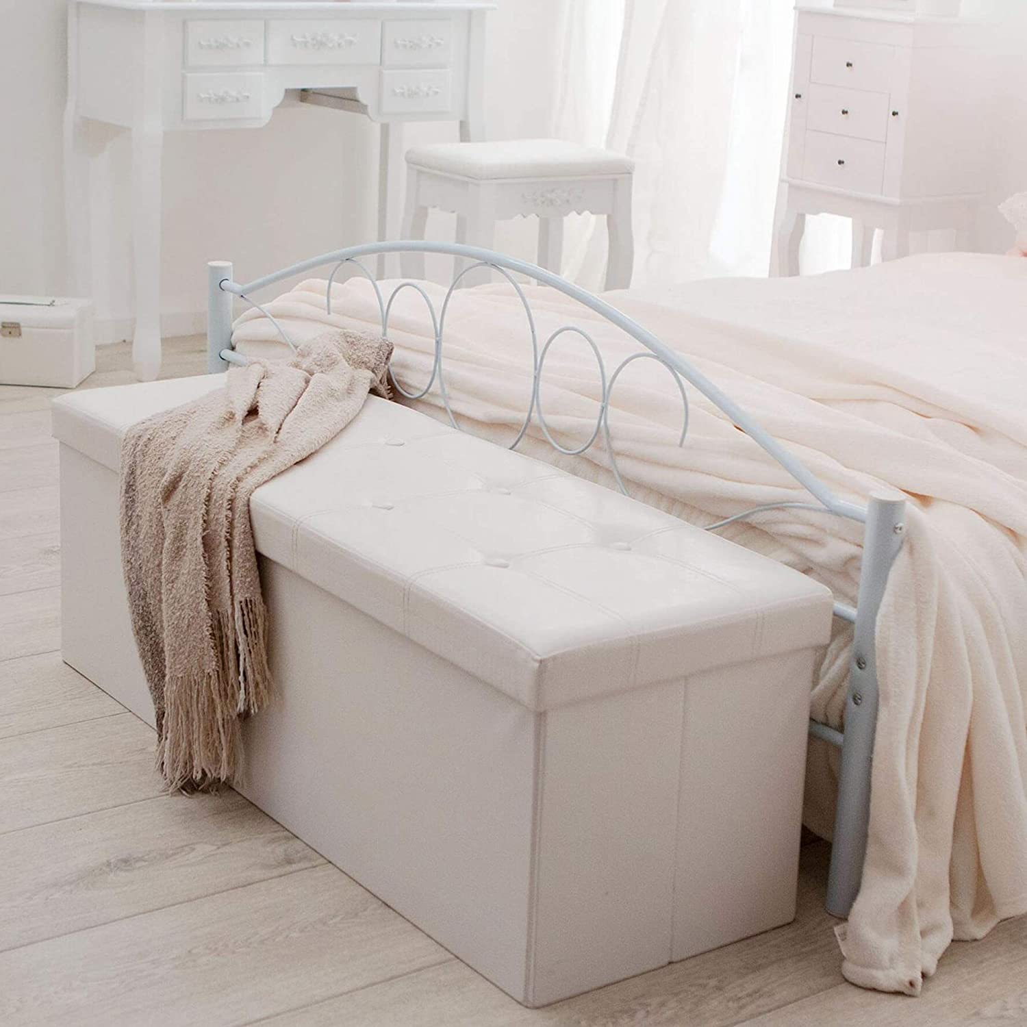 Nyxi Faux Leather White Ottoman Foldable Storage Boxes Seat Foot Stool ...