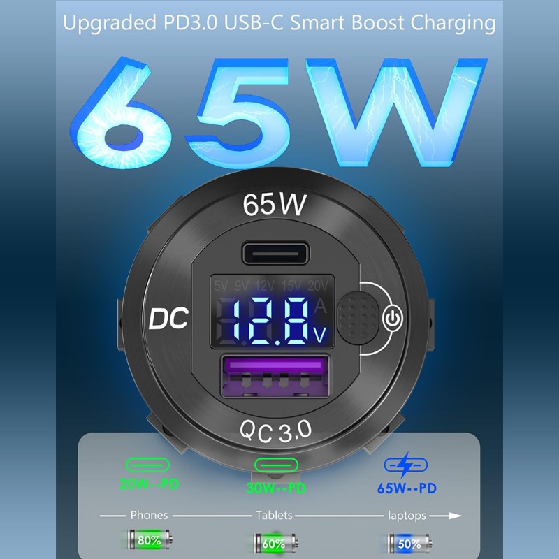 NEW 83W USB C Car Charger Socket Adapter 65W PD QC3.0 Power Outlet w ...