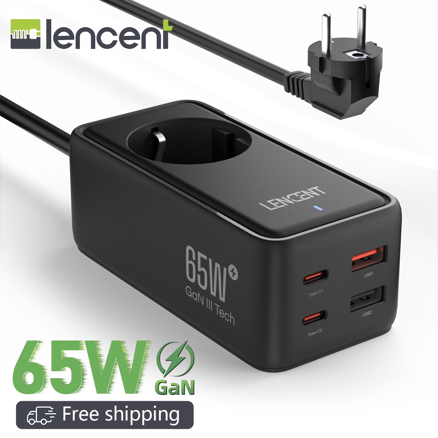 LENCENT 5 in 1 GaN III Tech 65W Power Extension USB C PD Port, Fast ...