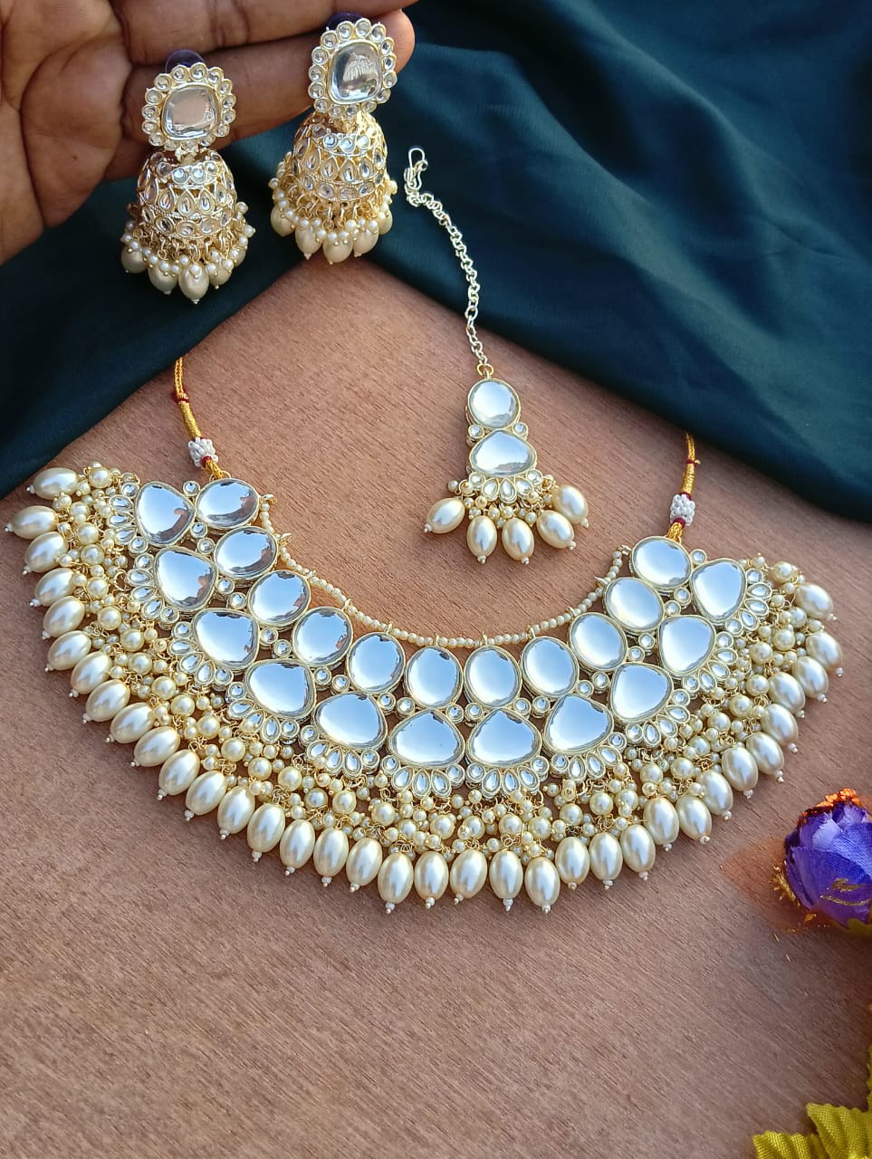 Indian Kundal Jewelry Necklaces Earrings Tikli Set Pearl Choker Wedding ...