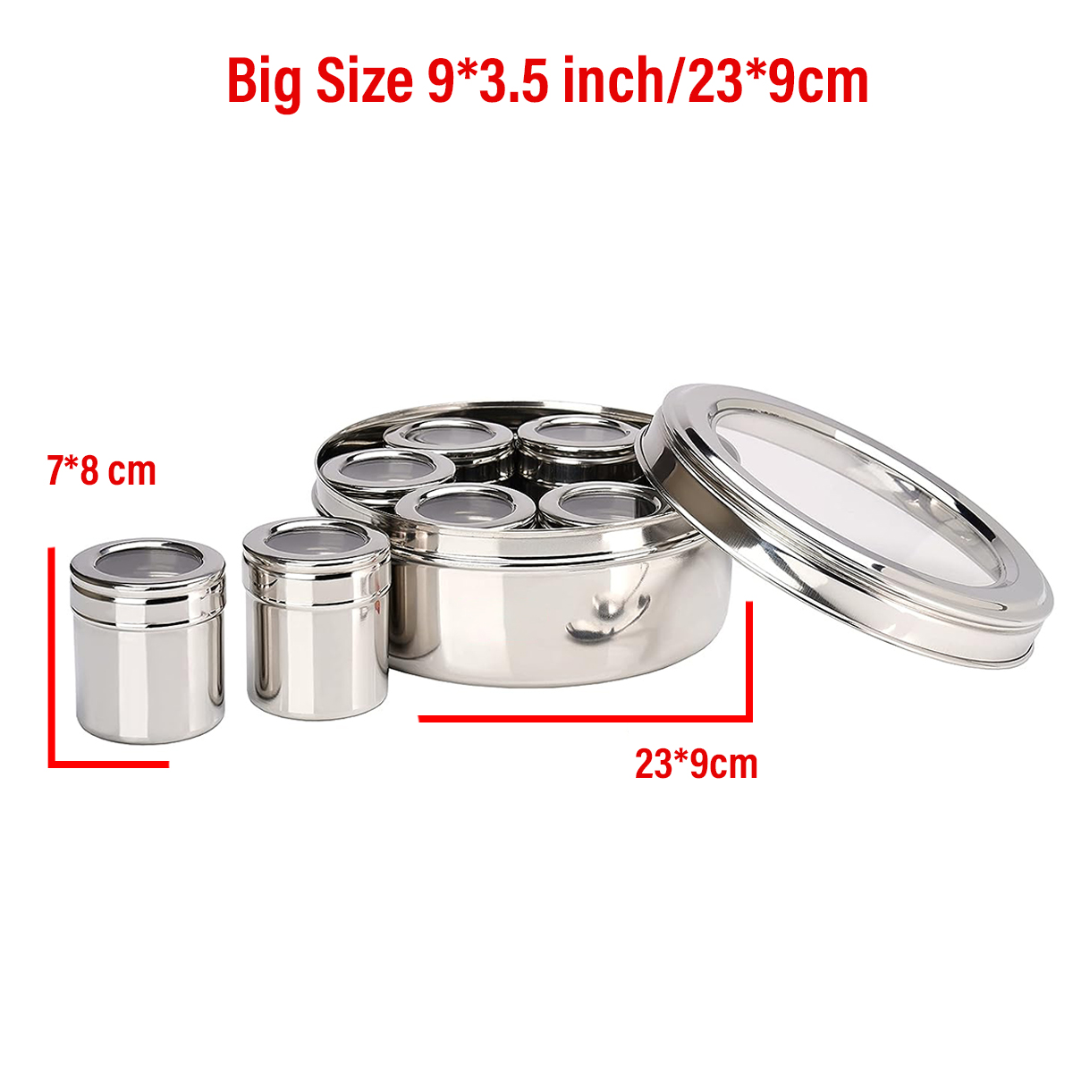 Big size 7 in 1 Spice Box With Transparent Fiberglass Lids Stainless ...