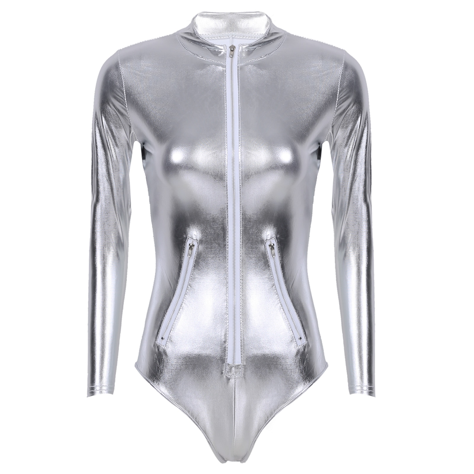 Women Bodycon Bodysuit Zipper Patent Leather Jumpsuit Ladies Slim Long ...
