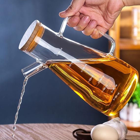 650ML High Borosilicate Glass Oil Bottle with Bamboo Lid - Dustproof, Ergonomic Handle, Clear ...